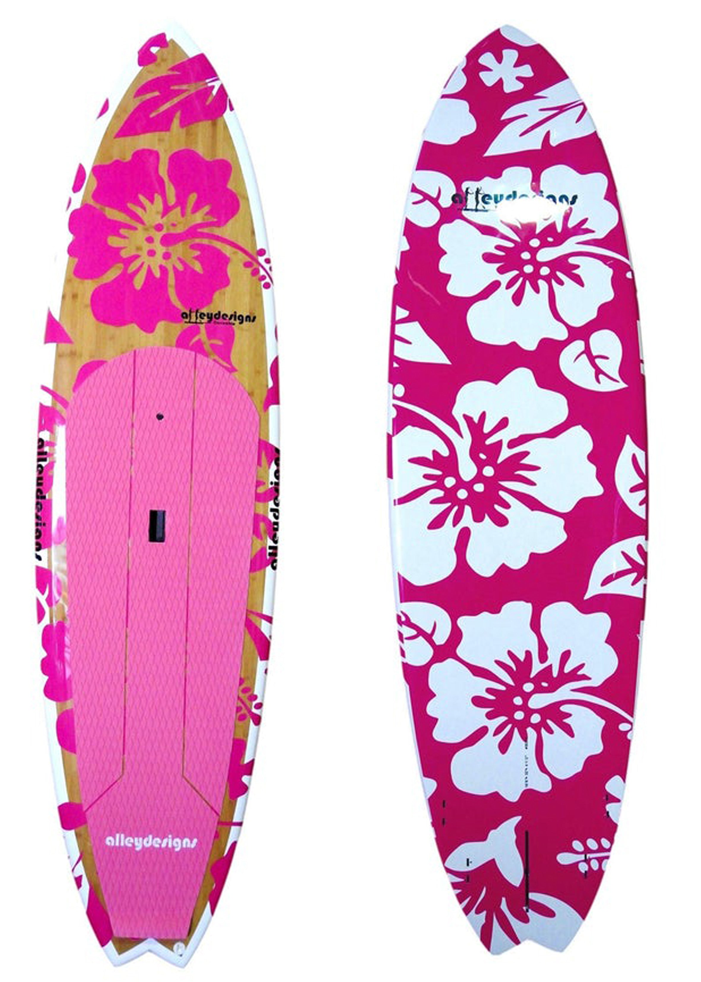 Paddle board Alleydesigns 10' x 32" bamboo deck pink and white hibiscus ...
