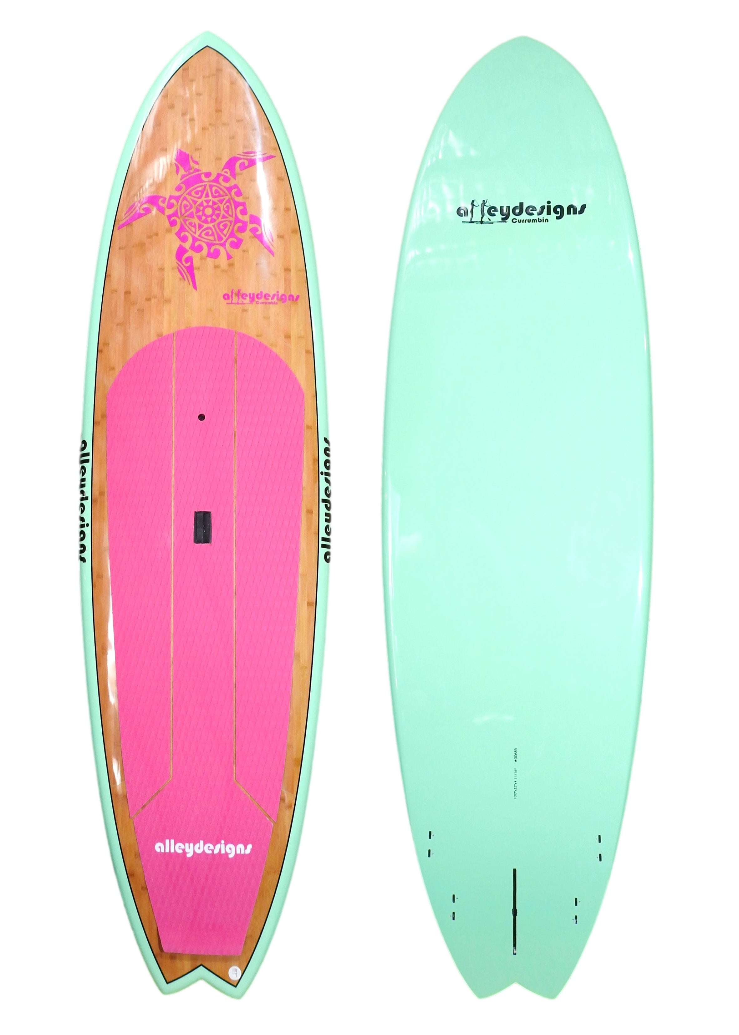 Paddle board Alleydesigns 10' x 32" Bamboo deck, painted pink turtle ...