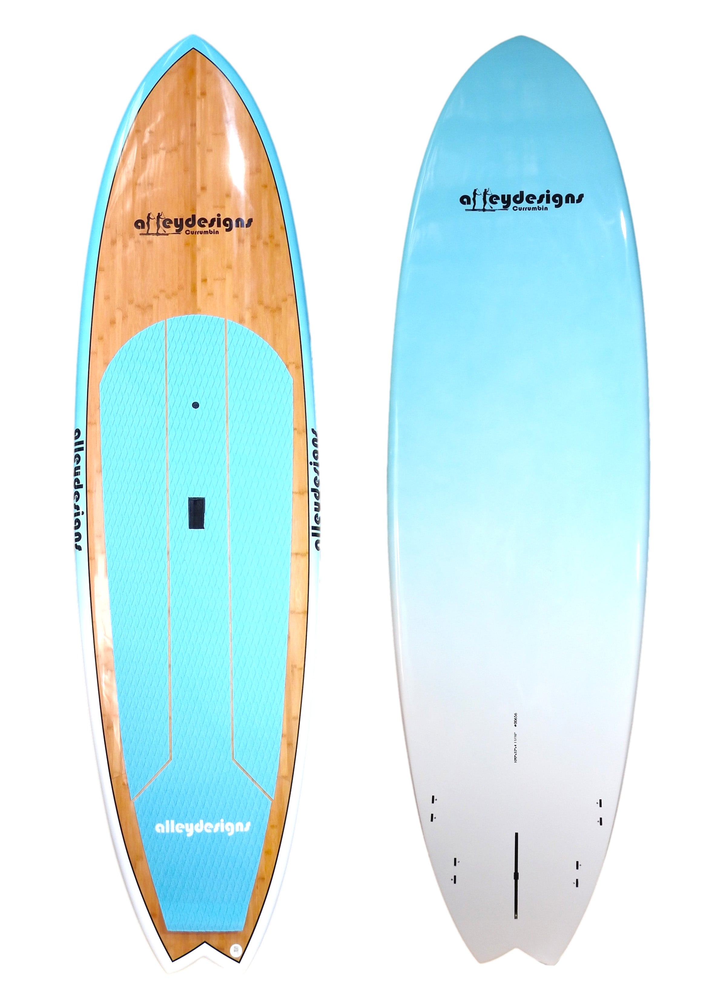 Paddle board Alleydesigns 10'x 32"Dark bamboo deck, teal rails, deck ...